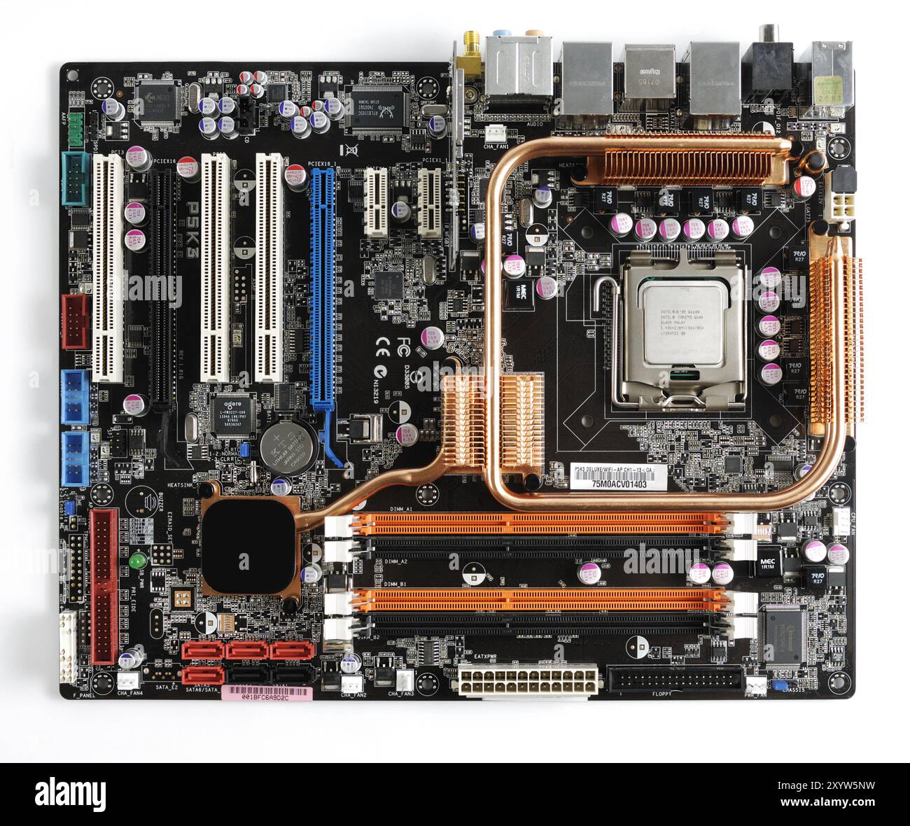 Computer motherboard with a CPU in a socket and extension slots ...