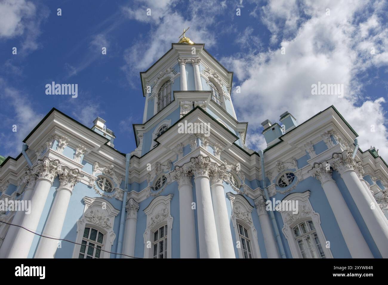 Turquoise-coloured baroque church in St. Petersburg with white ...