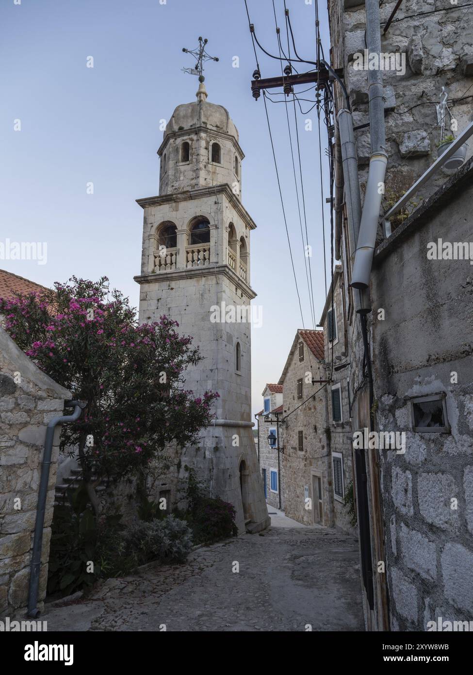 Church tower, natural stone houses, Sepurine, Prvic Island, Dalmatia ...