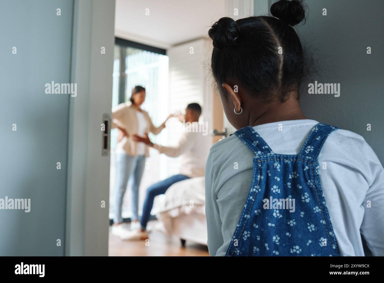 Girl, child and parents with argument by door for listening to conflict ...