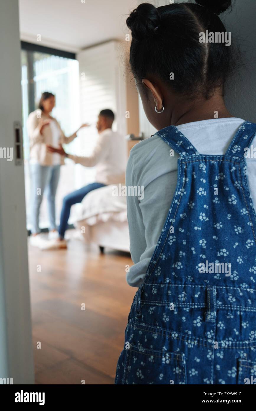 Girl Child And Parents With Fight By Door For Listening To Conflict