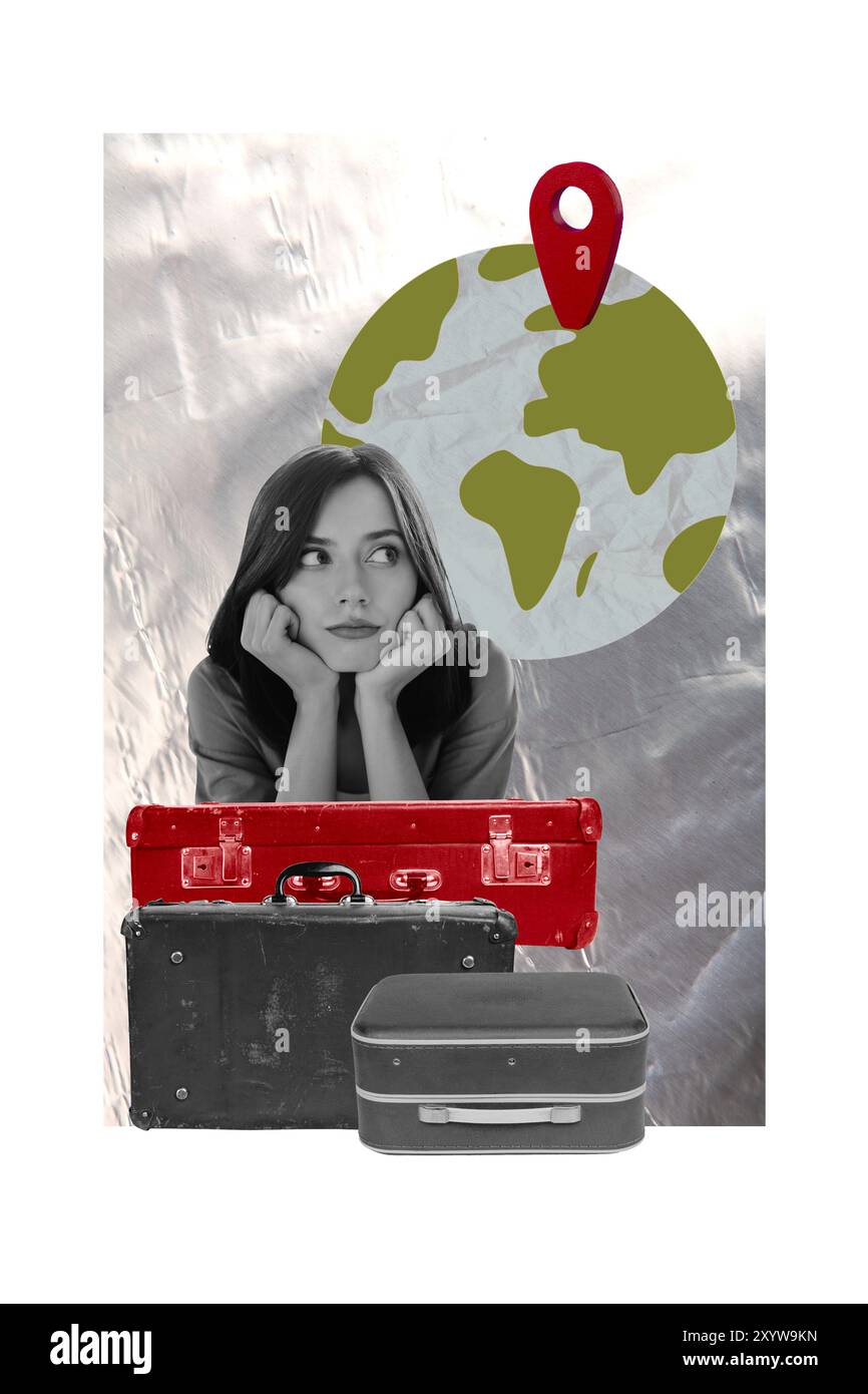 Vertical poster collage young woman thoughtful dream minded decide ...