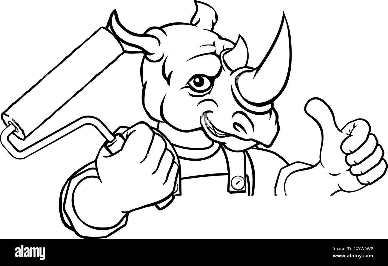 Rhino Painter Decorator Paint Roller Mascot Man Stock Vector Image ...