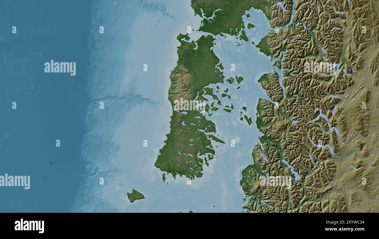Chiloe Island in the South Pacific Ocean on a colored elevation map ...