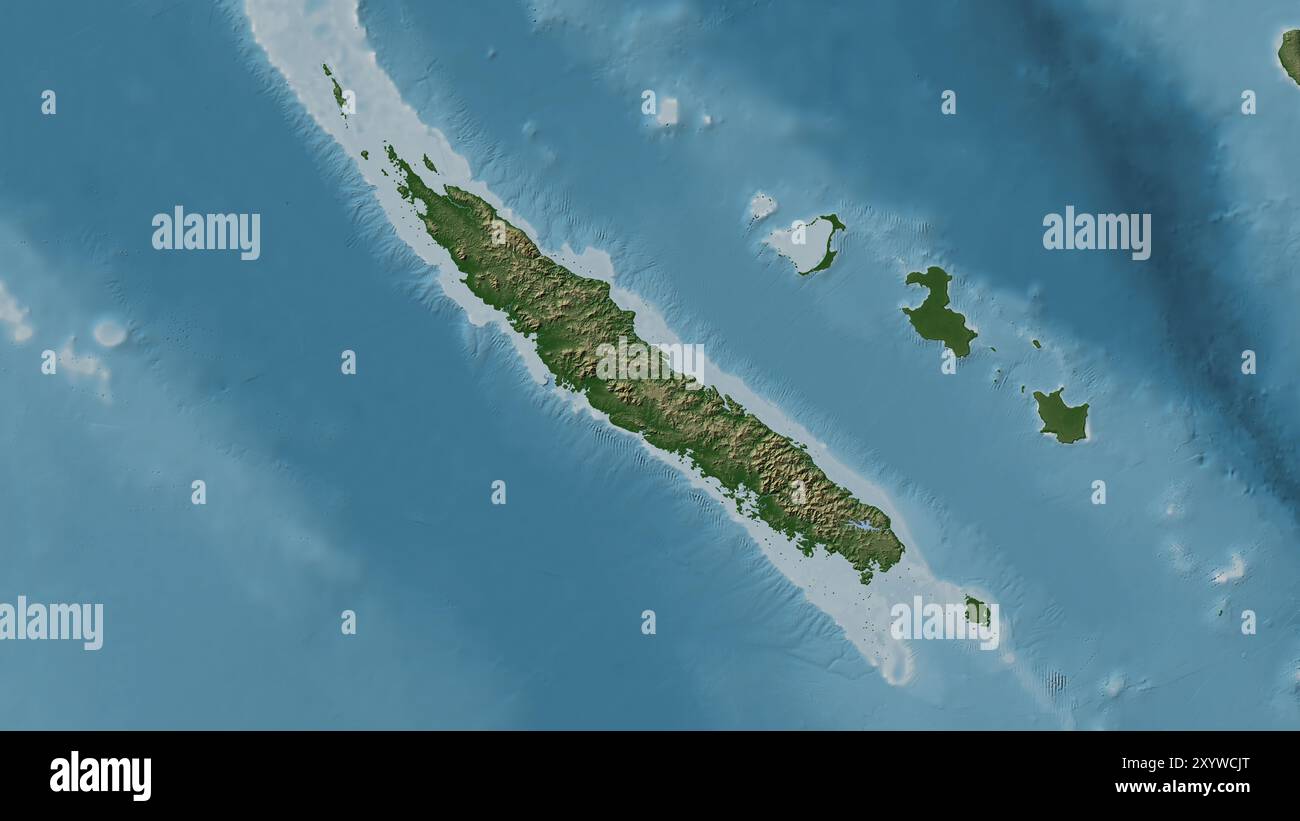 Grande Terre Island in the Coral Sea on a colored elevation map Stock ...