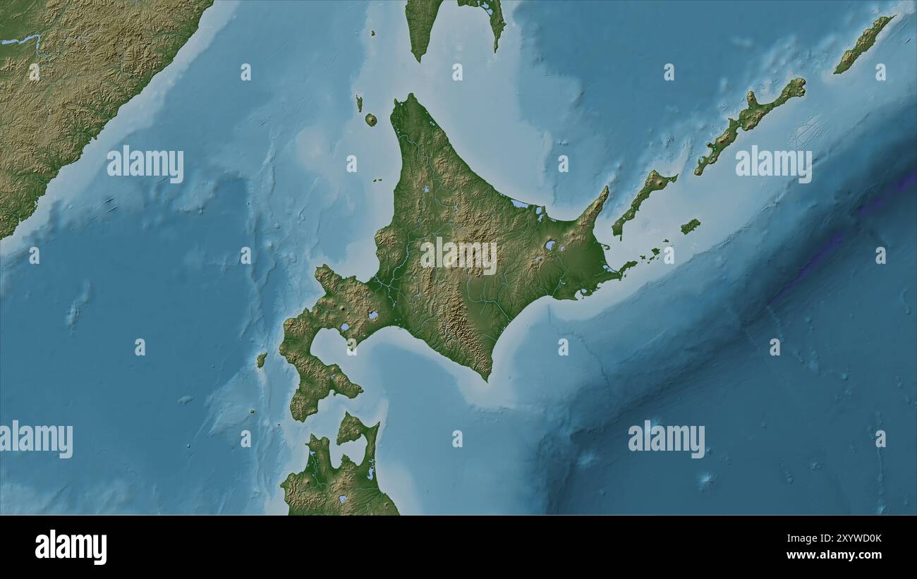 Hokkaido Island in the Japan Sea on a colored elevation map Stock Photo ...