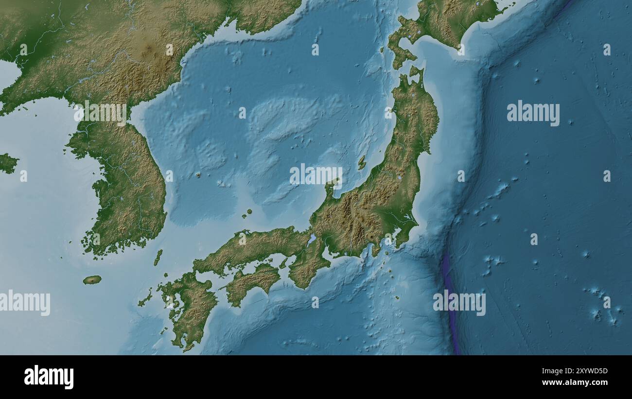 Honshu Island in the Japan Sea on a colored elevation map Stock Photo ...