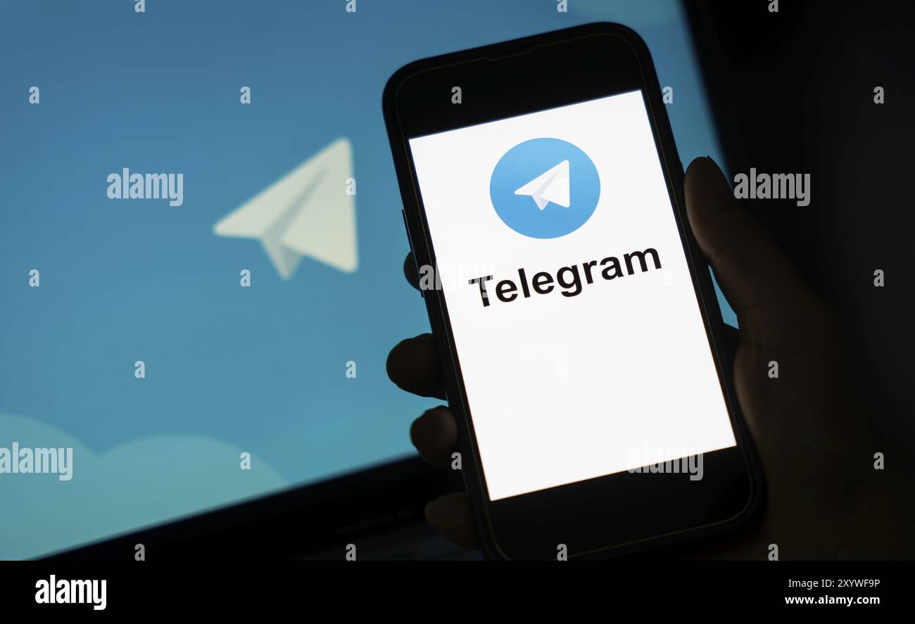 The social media Telegram messenger logo is being displayed on a ...