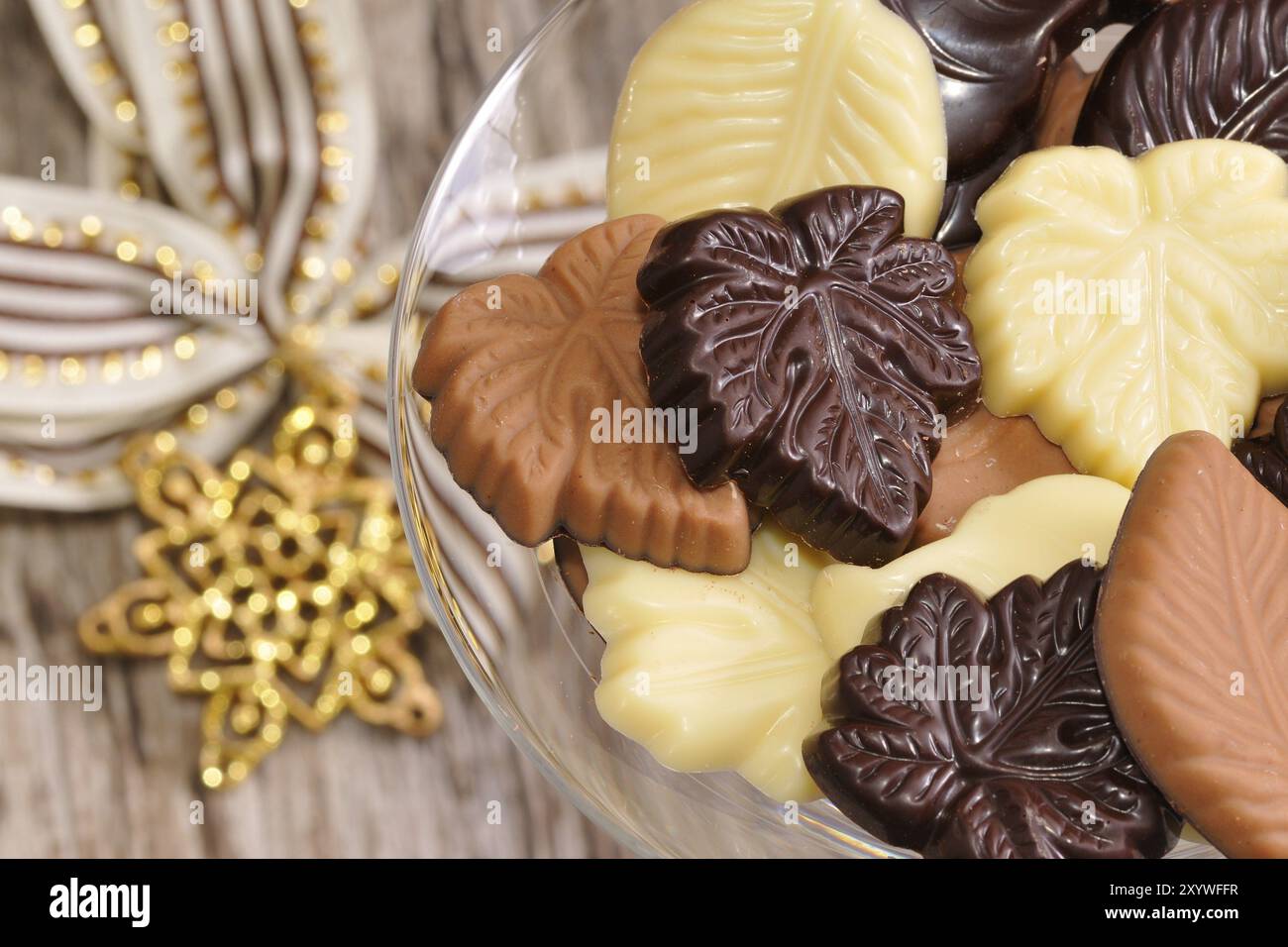 Chocolate leaves with decoration. Different types of chocolate Stock ...