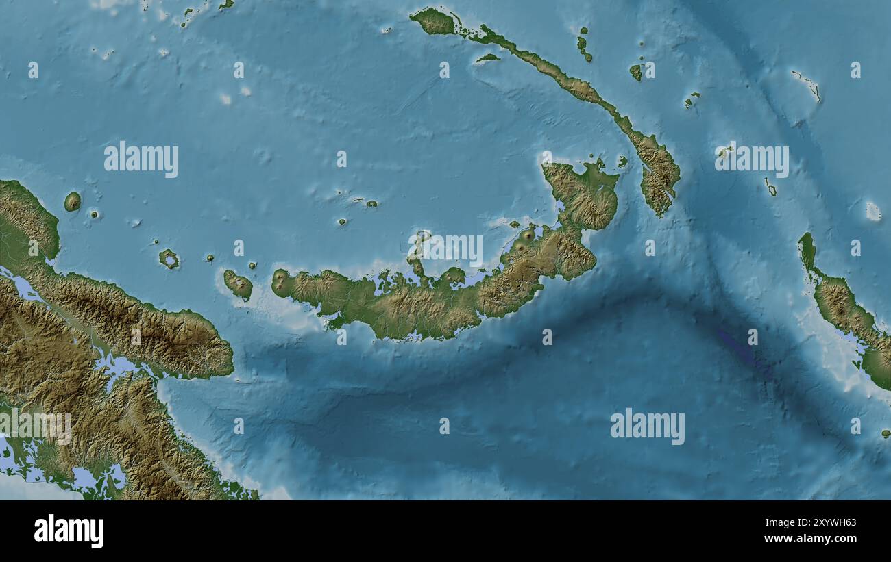 New Britain Island in the Solomon Sea on a colored elevation map Stock ...