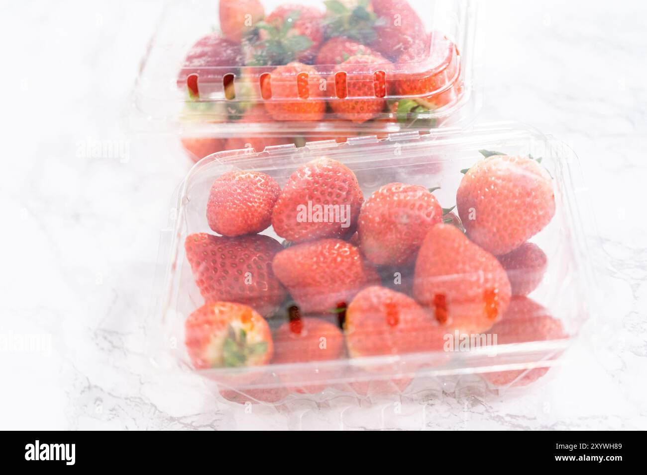 Store-Bought Strawberries in a Plastic Container on the Kitchen Counter ...