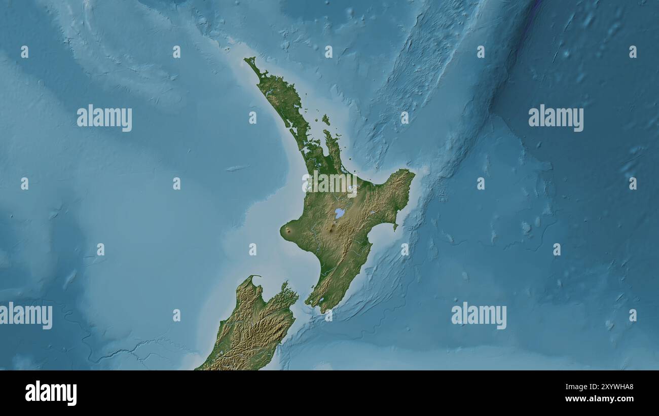 North Island in the Tasman Sea on a colored elevation map Stock Photo ...