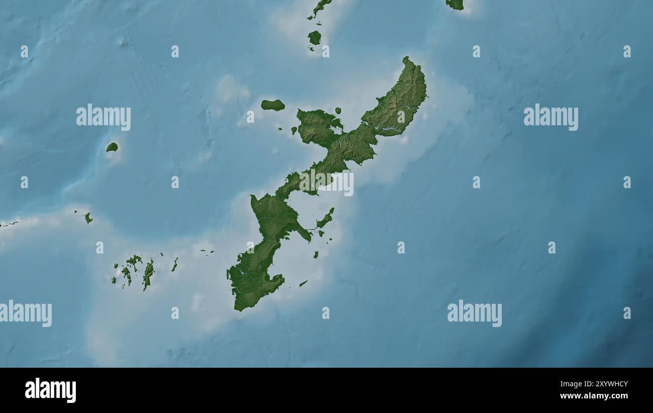 Okinawa Island in the Philippine Sea on a colored elevation map Stock ...