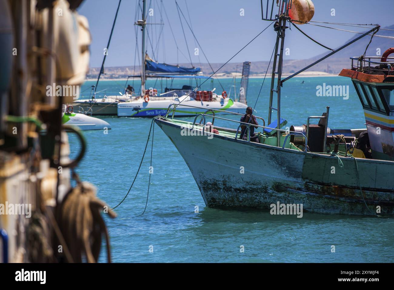 Ship at anchor in the harbour Stock Photo - Alamy