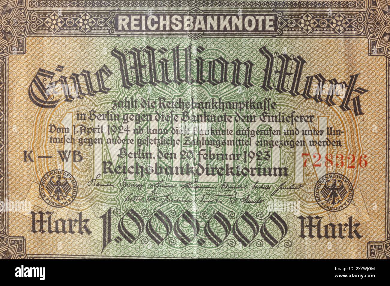 Historical banknote, Reichsbanknote, 1 million Mark, 1923, inflation ...