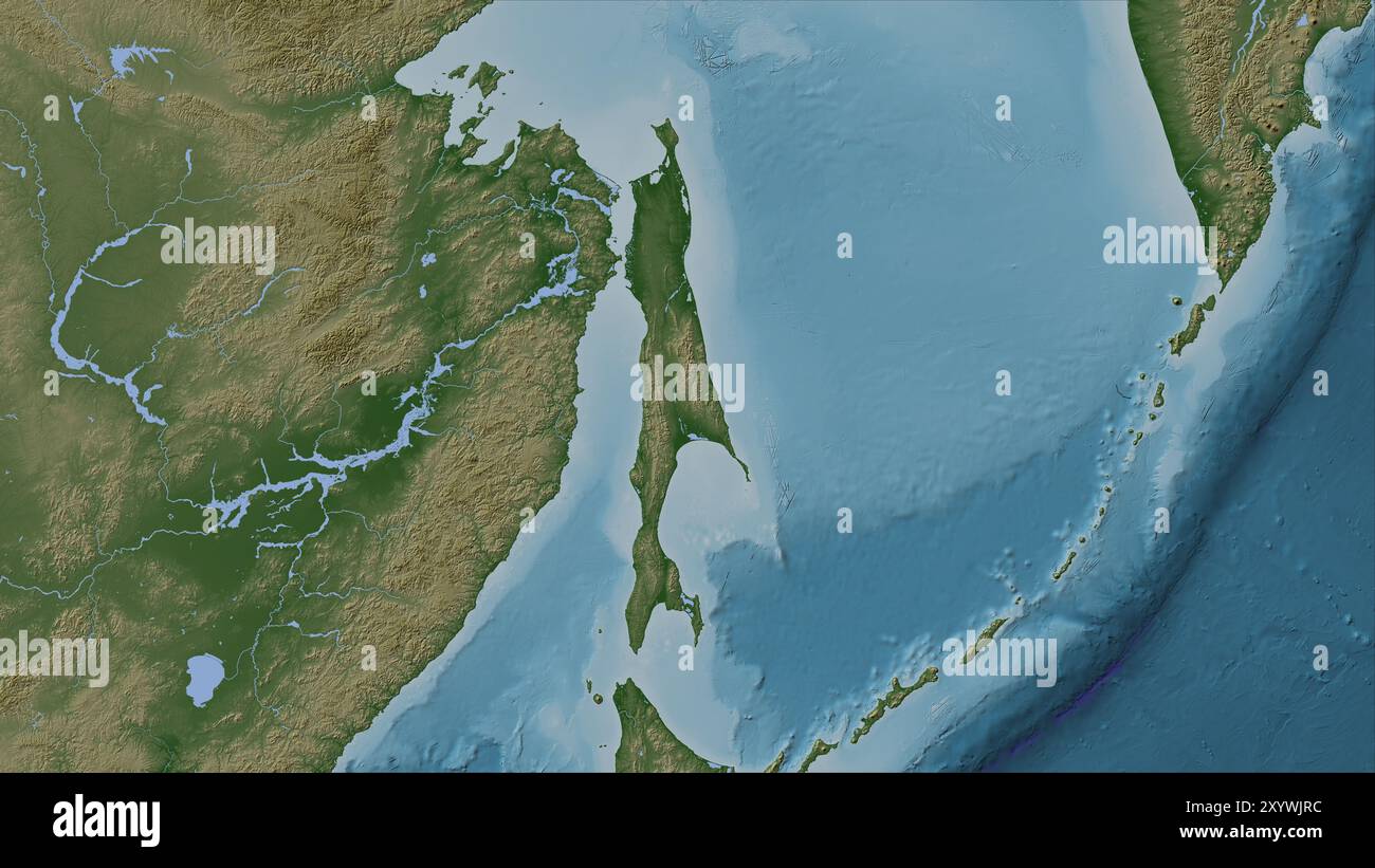 Sakhalin Island in the Japan Sea on a colored elevation map Stock Photo - Alamy