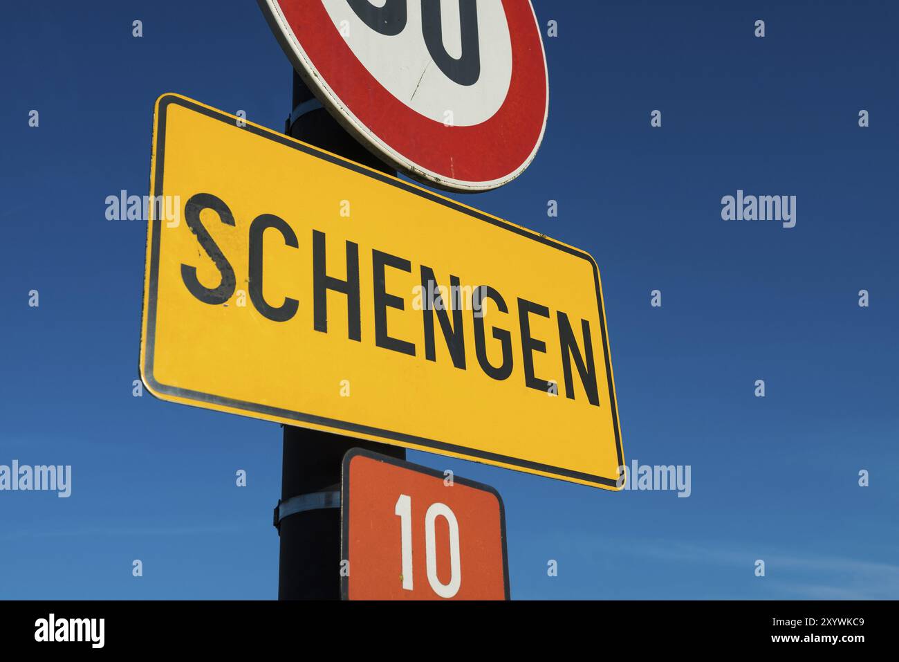 Road sign, Schengen lettering, Schengen, Canton of Remich, Luxembourg ...