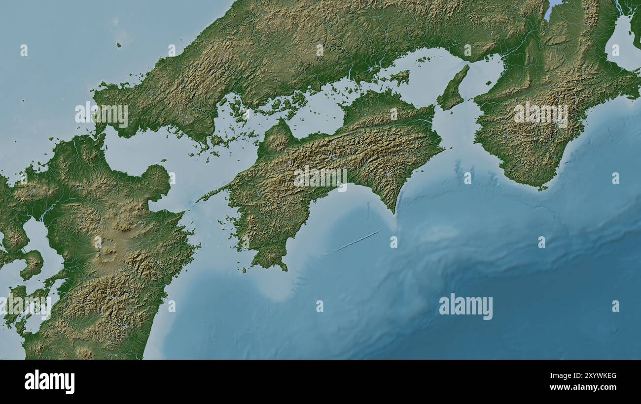 Shikoku Island in the Japan Sea on a colored elevation map Stock Photo ...