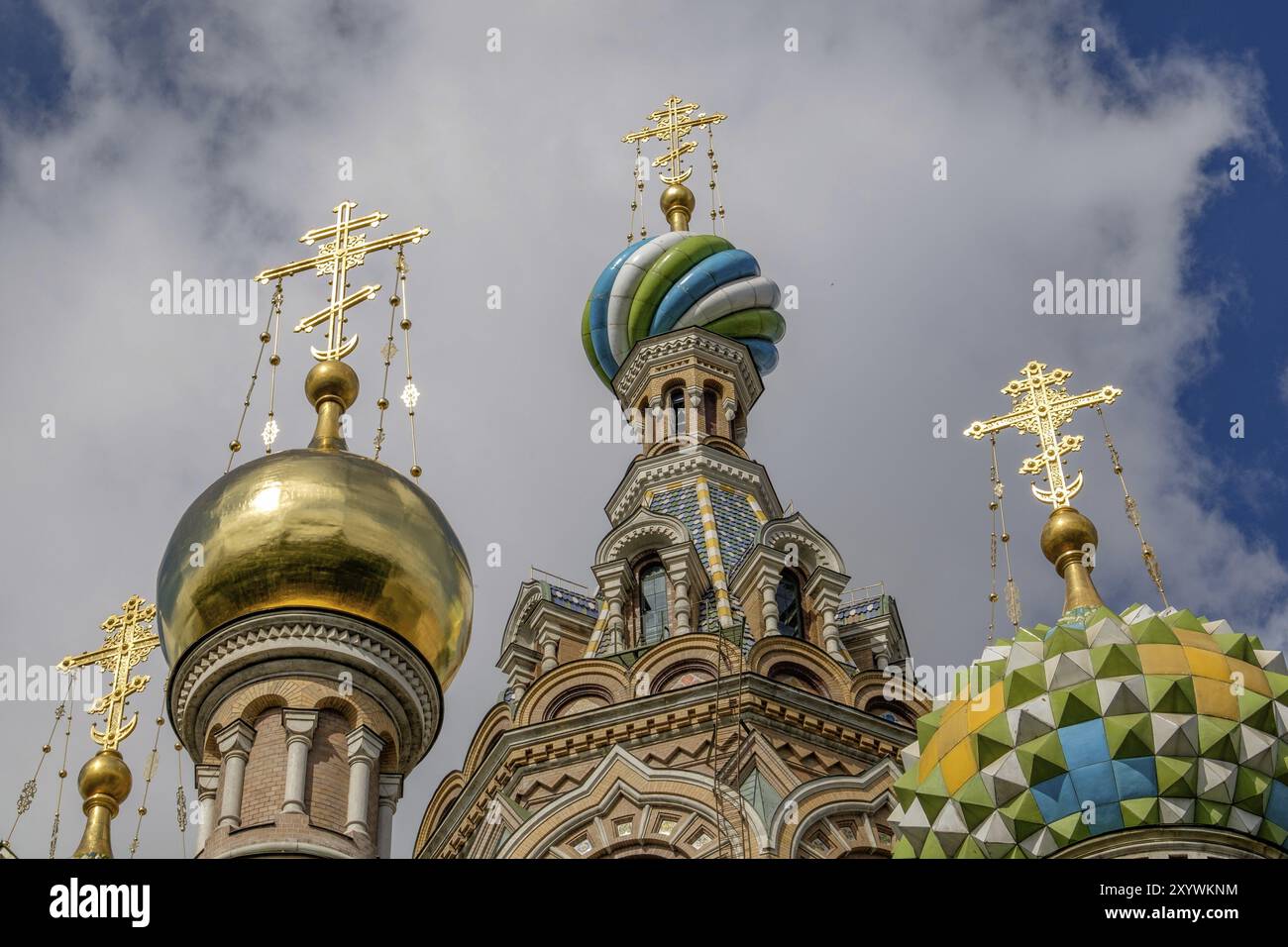 Detailed view of the onion domes of a Russian church, decorated with ...