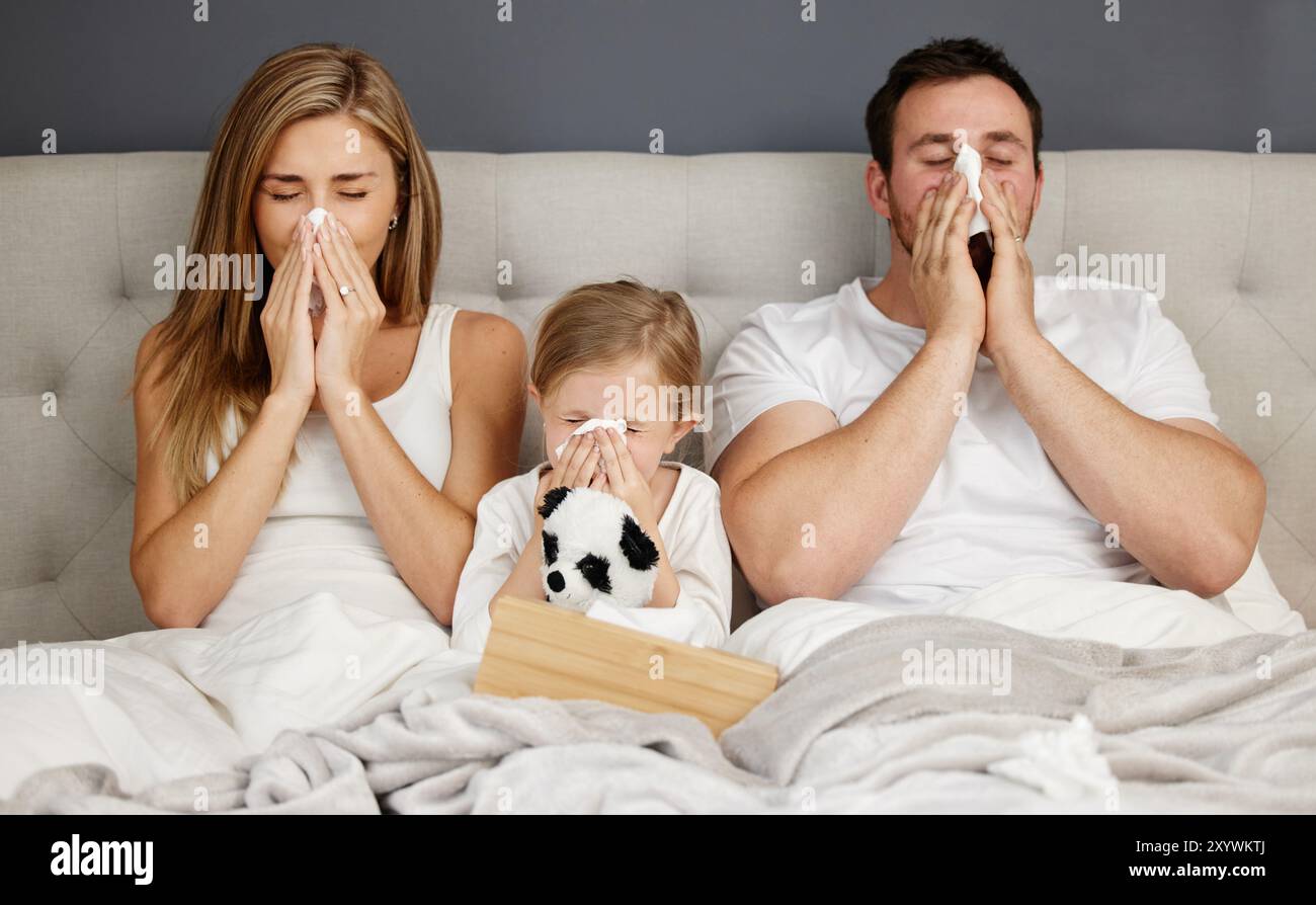 Sick family, bed and blowing nose with tissue for flu, cold or viral infection in isolation ...