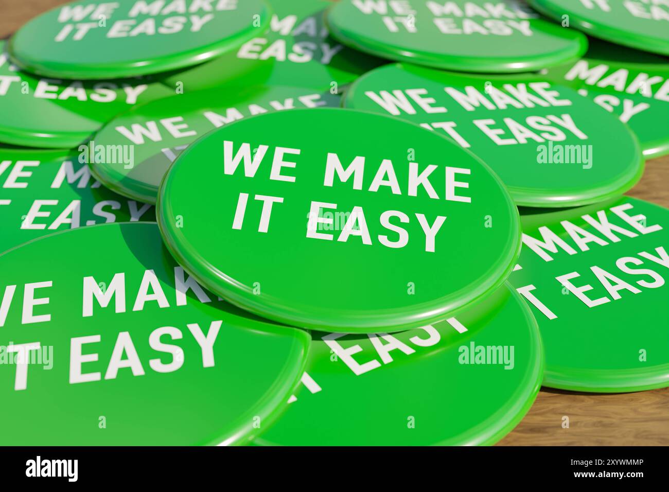 We make it easy. We make it easy. Green badges laying on the table with ...