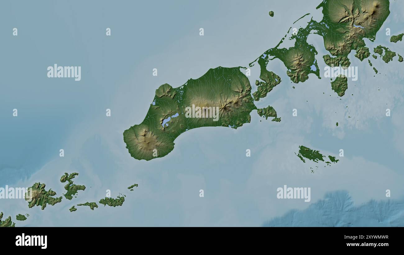Unimak Island in the Bering Sea on a colored elevation map Stock Photo ...