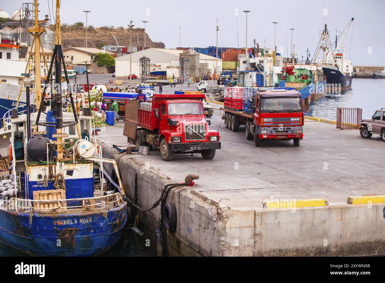 Two lorries in a harbour Stock Photo - Alamy