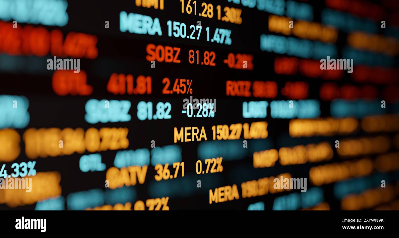 RECORD DATE NOT STATED Extreme close-up stock ticker with prices and ...