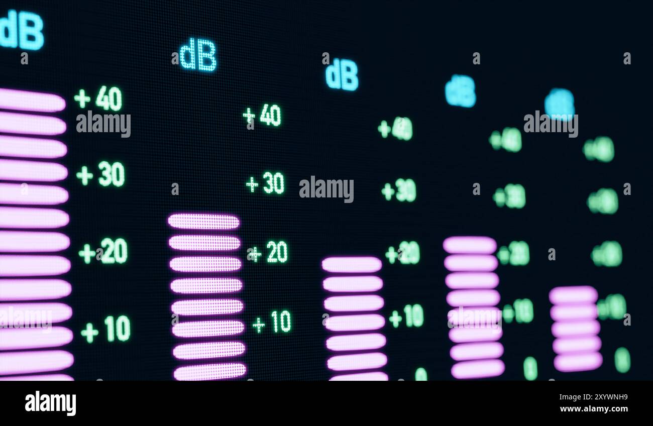 Close-up dB decibel meter, volume, frequenzy, digital equalizer. Close ...