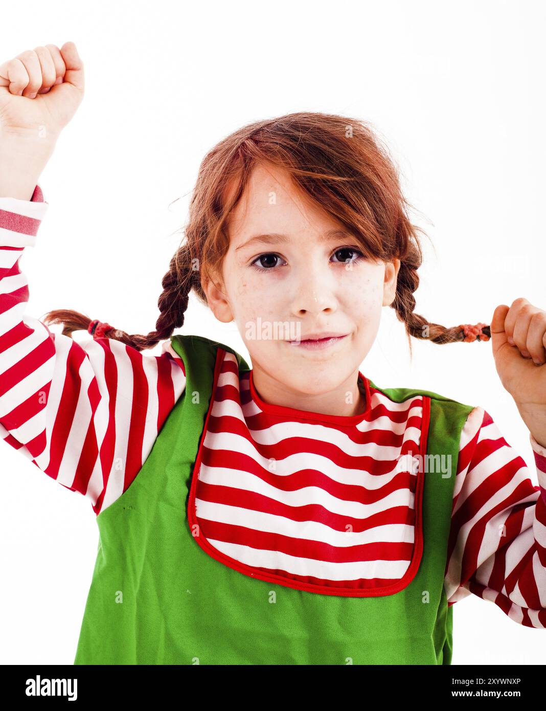 Little girl dressed as Pippi Longstocking with white background Stock ...