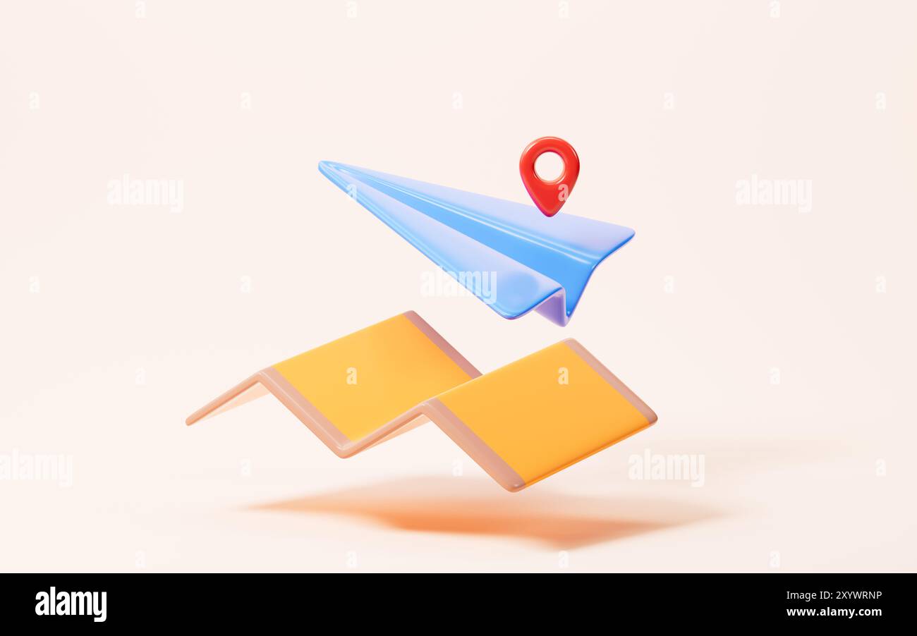 Cartoon paper plane and map, around-the-world trip, 3d rendering. 3d ...