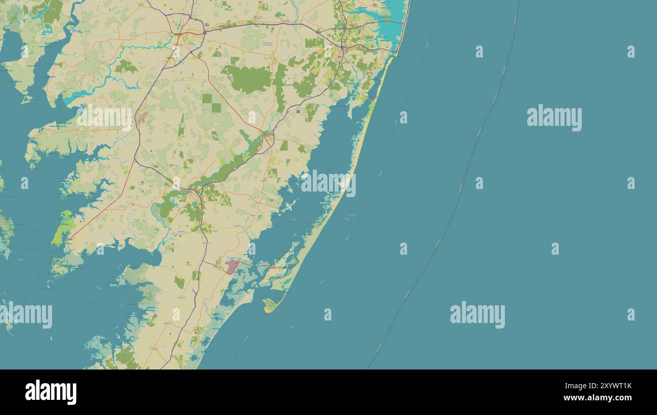 Assateague Island in the North Atlantic Ocean on a topographic, OSM ...