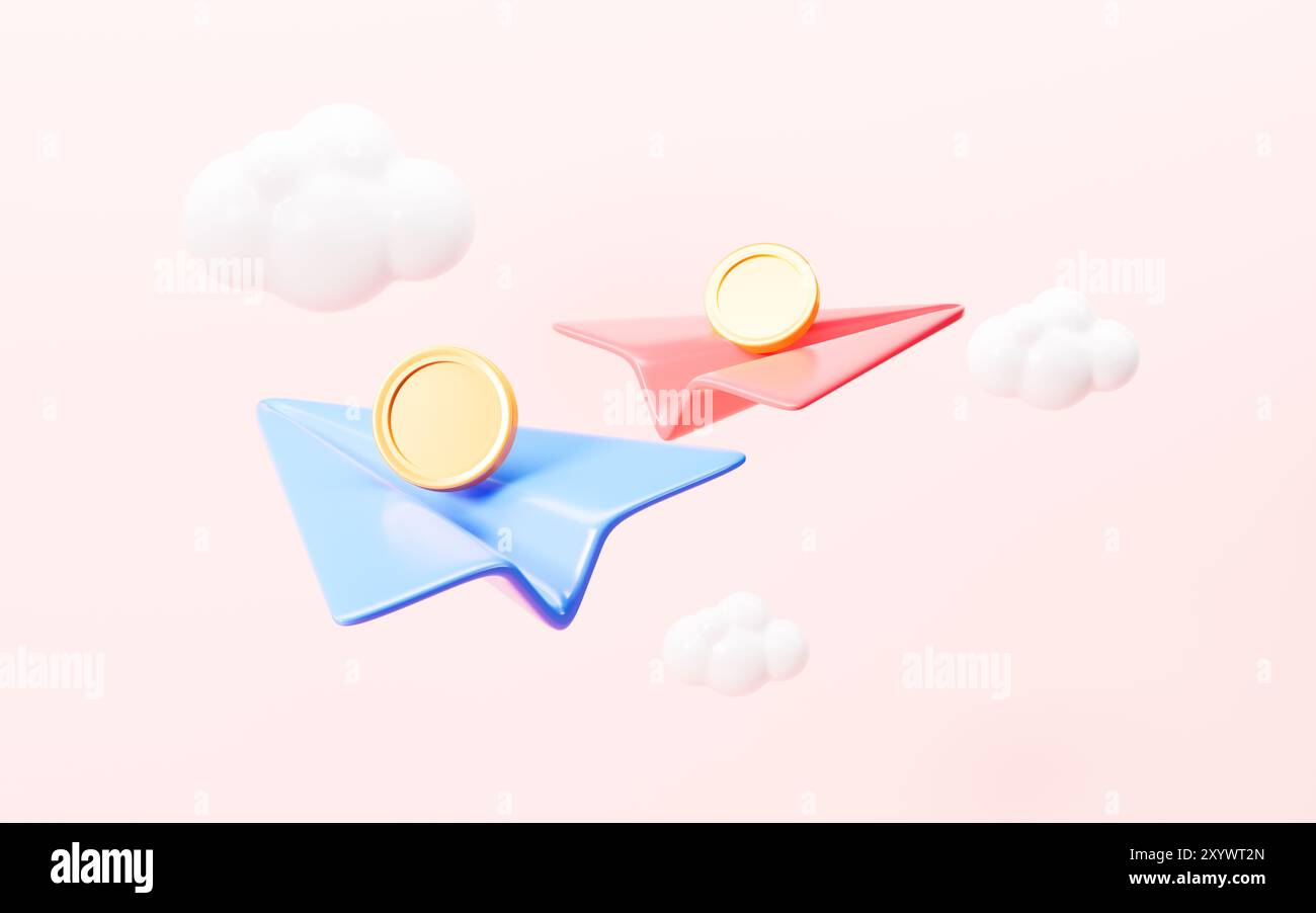 Cartoon paper plane and coins , 3d rendering. 3d illustration Stock ...