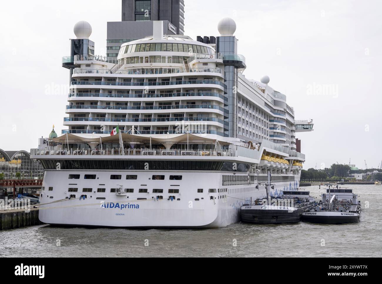 The cruise ship AIDA Prima is refuelled, moored at the Cruise Terminal ...