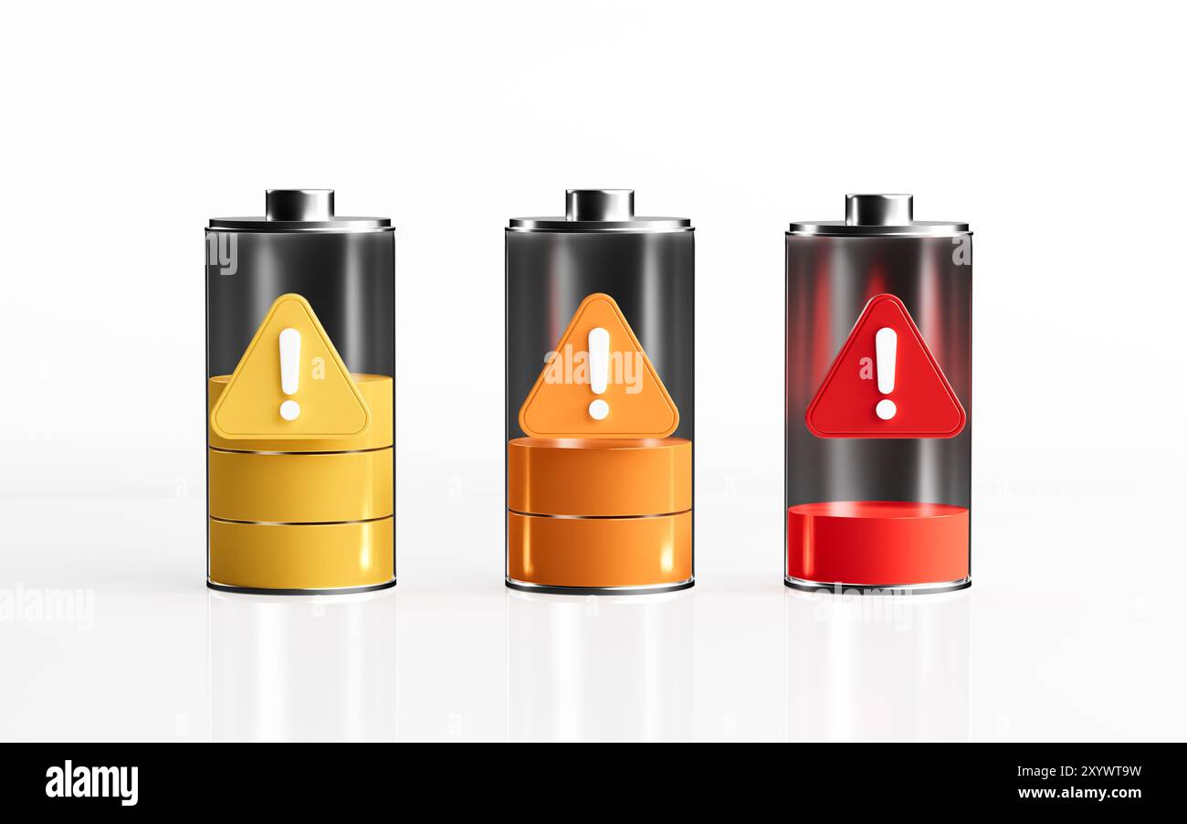 Batteries and warning signs, low battery warning, 3d rendering. 3d ...