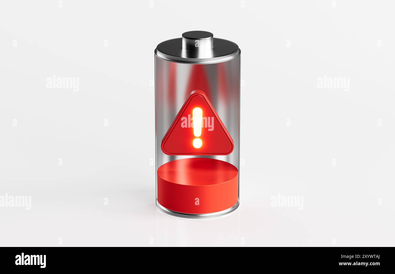 Batteries and warning signs, low battery warning, 3d rendering. 3d ...