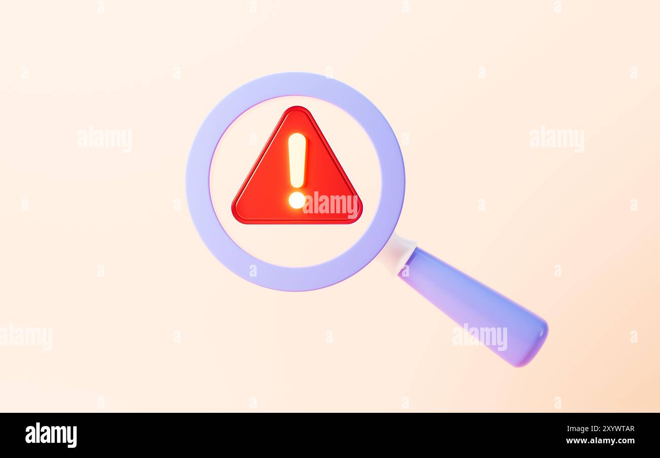 Cartoon magnifying glass and warning sign, 3d rendering. 3d ...