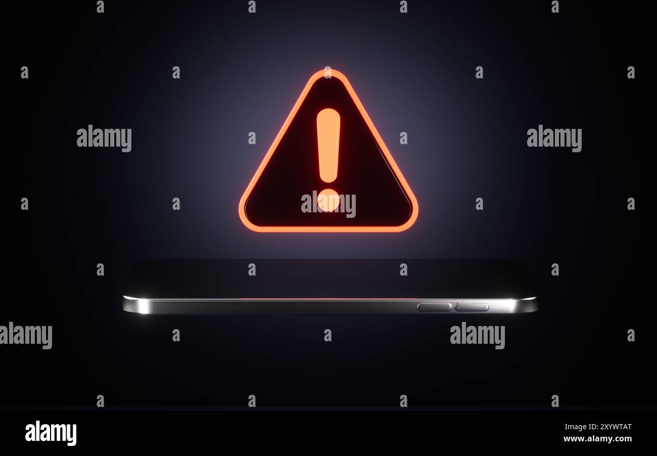 Cartoon warning sign and cell phone, 3d rendering. 3d illustration ...