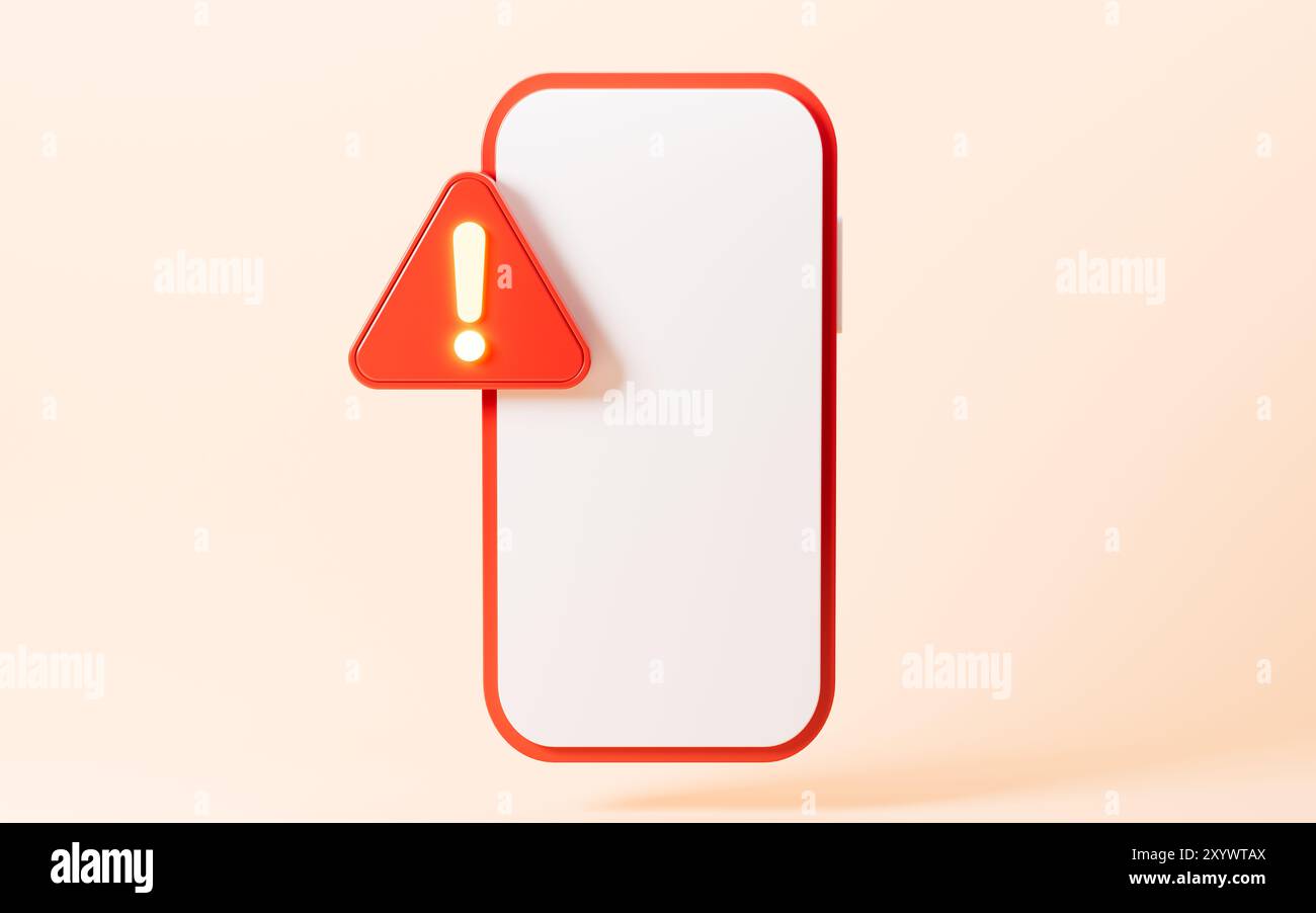 Cartoon warning sign and cell phone, 3d rendering. 3d illustration ...