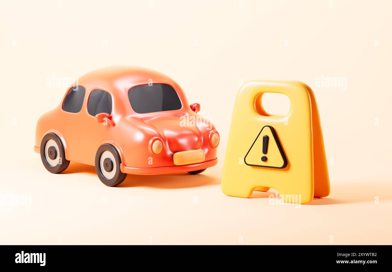 Cartoon cars and warning sign in the yellow background, 3d rendering ...
