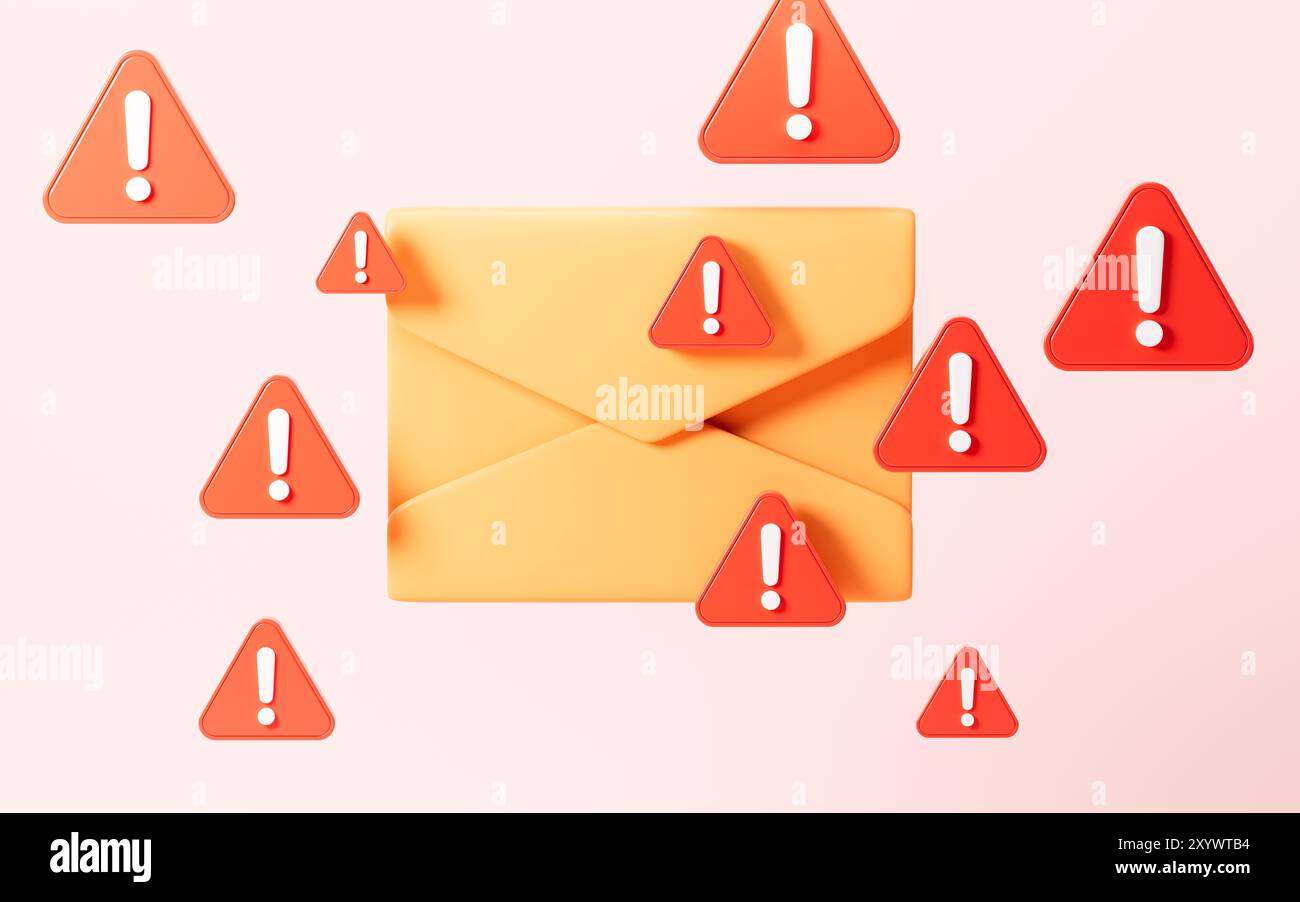Emails with warning signs, junk mail, important mail, 3d rendering. 3d ...