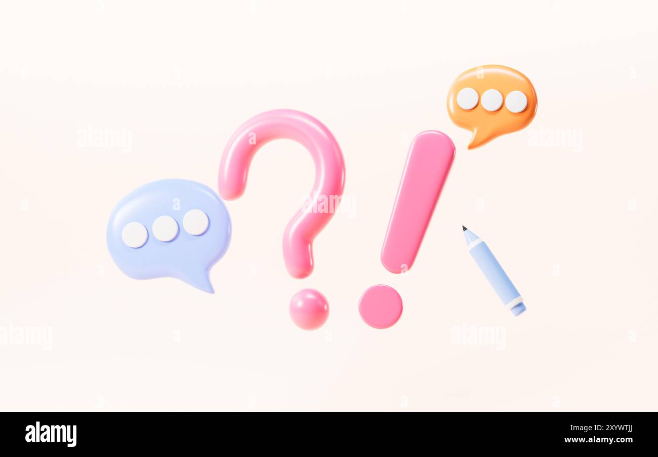 Cartoon question mark and exclamation point, chat mark, 3d rendering ...