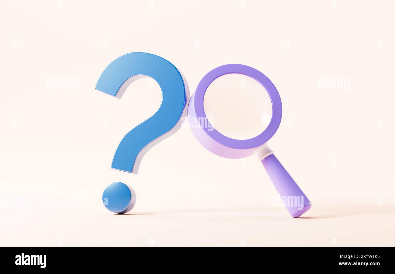 Question mark sign and book, magnifying glass , find the answer, 3d ...