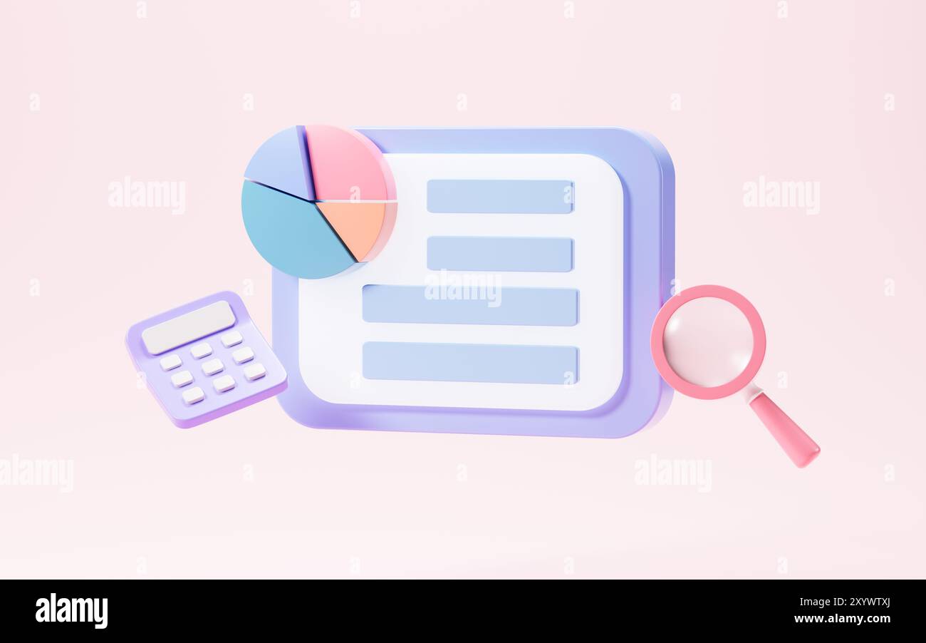 Cartoon data report, financial report, calculator and magnifying glass ...