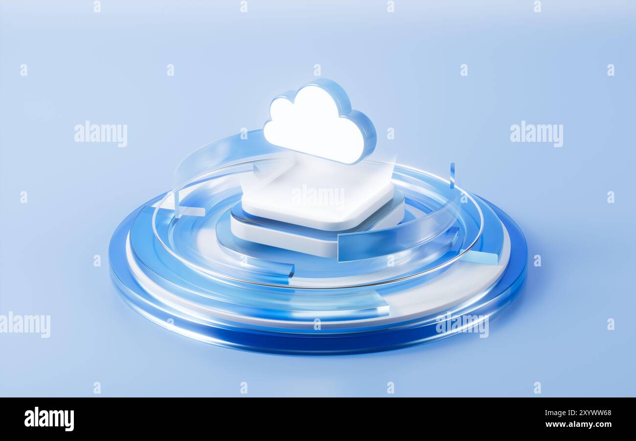 Blue gradient glass stage and cloud computing concept background, 3d ...