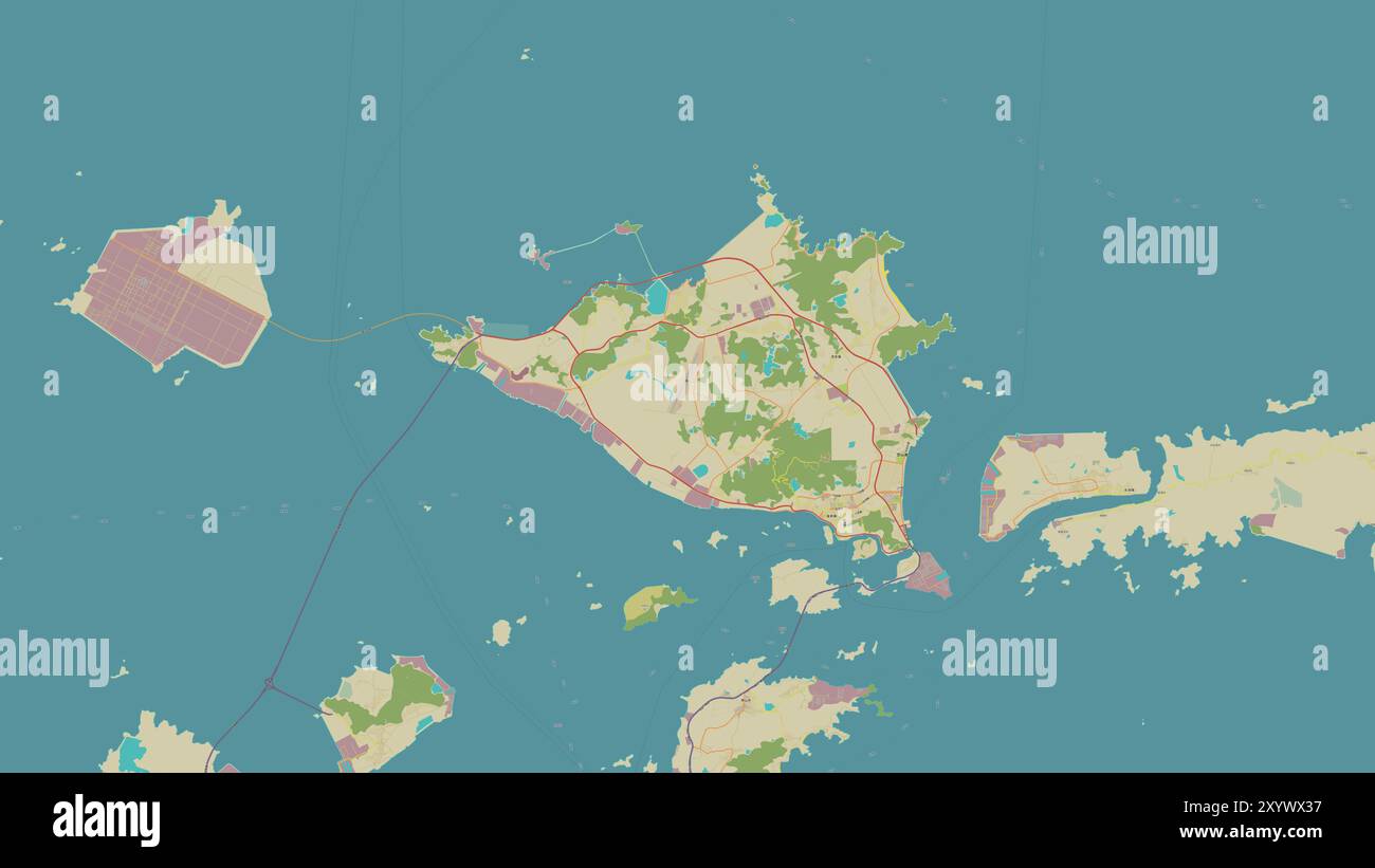 Daishan Island in the Eastern China Sea on a topographic, OSM ...