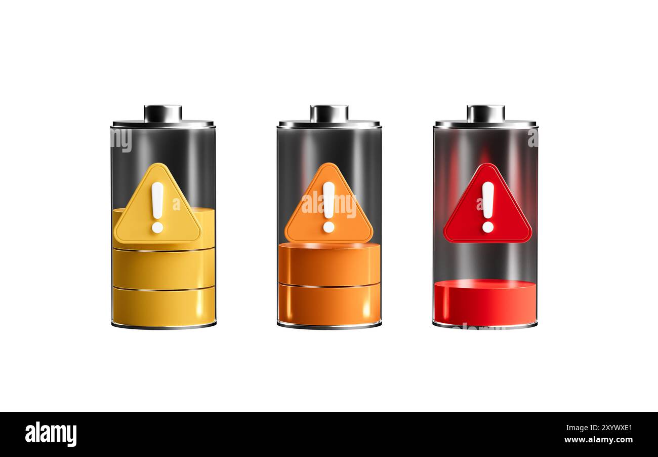 Batteries and warning signs, low battery warning, 3d rendering. 3d ...