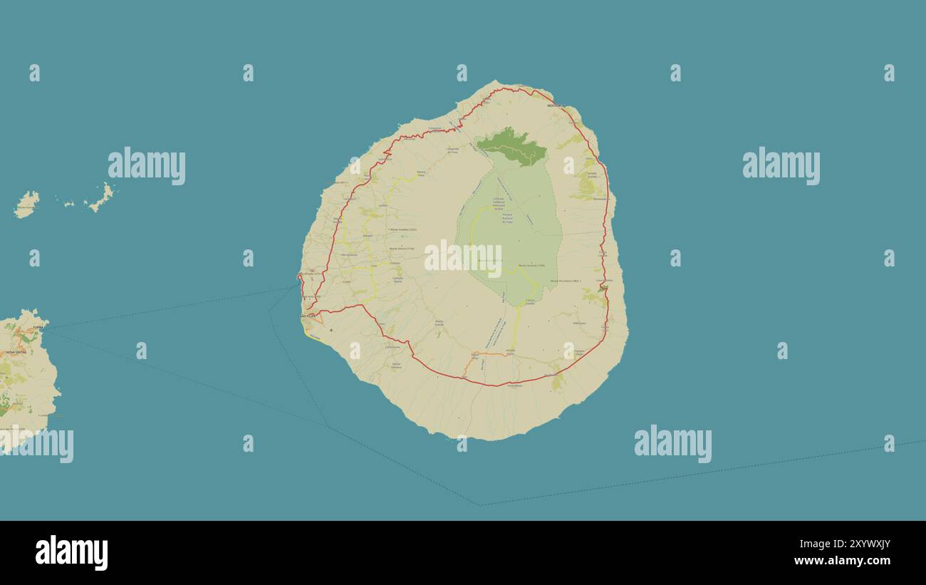 Fogo Island in the North Atlantic Ocean on a topographic, OSM ...