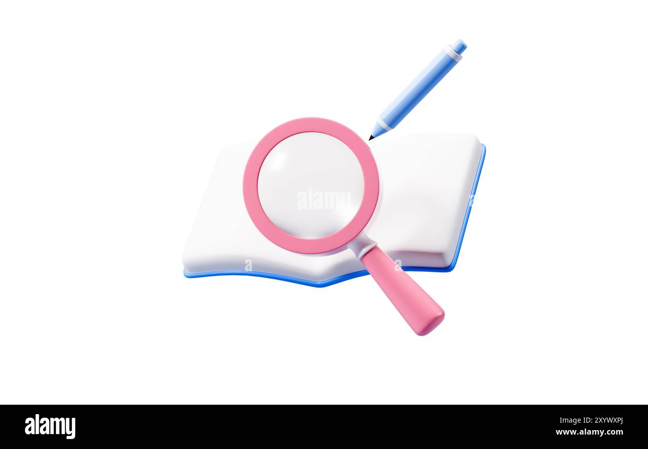 Cartoon book, magnifying glass and pen in the white background, 3d ...