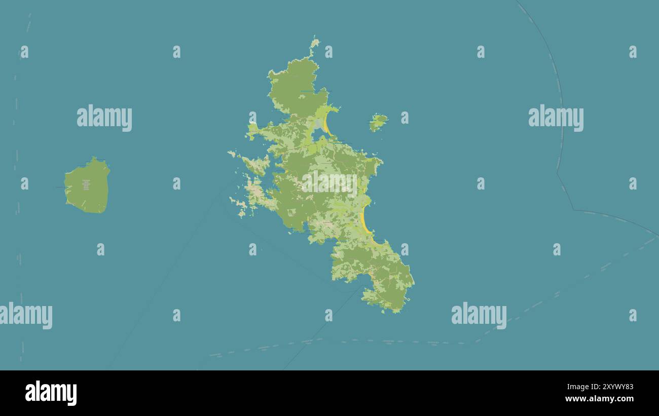 Great Barrier Island in the South Pacific Ocean on a topographic, OSM ...